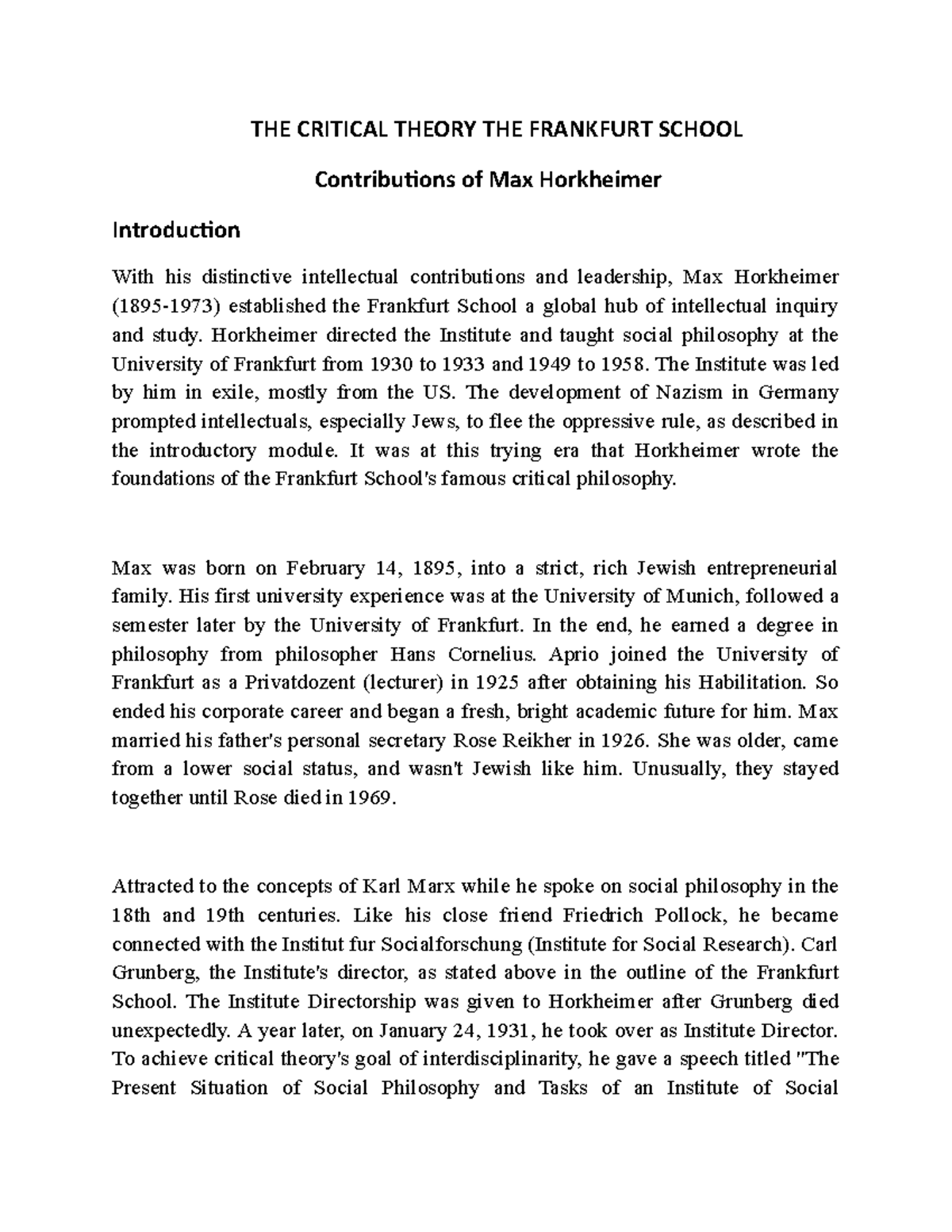 THE Critical Theory THE Frankfurt School - THE CRITICAL THEORY THE ...