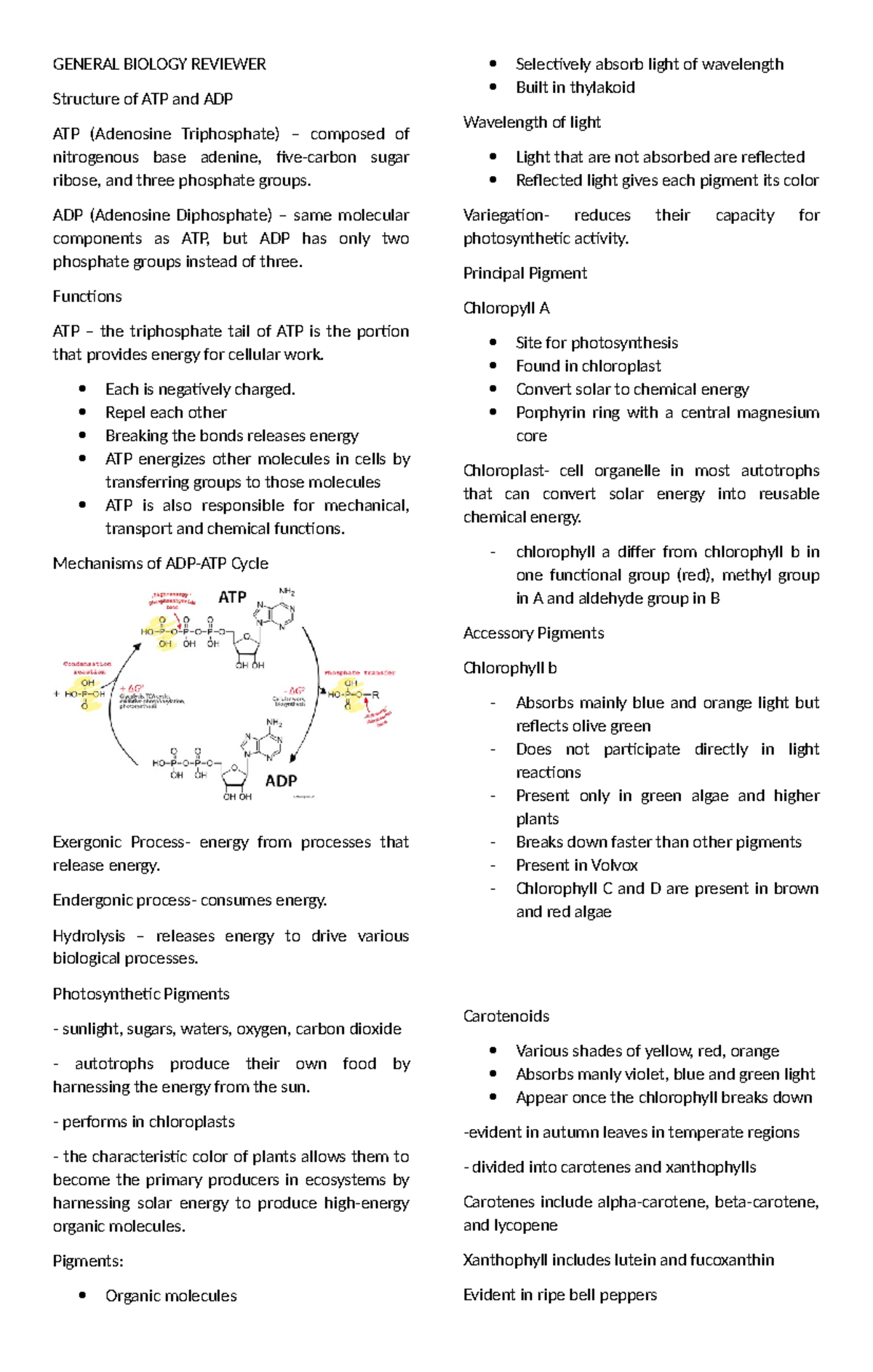 General biology reviewer - GENERAL BIOLOGY REVIEWER Structure of ATP ...