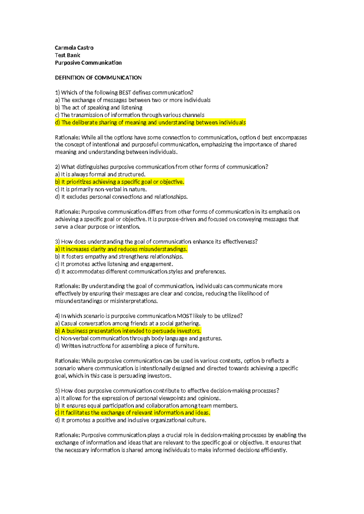 Purposive Communication TB ST1 - Carmela Castro Test Bank Purposive ...