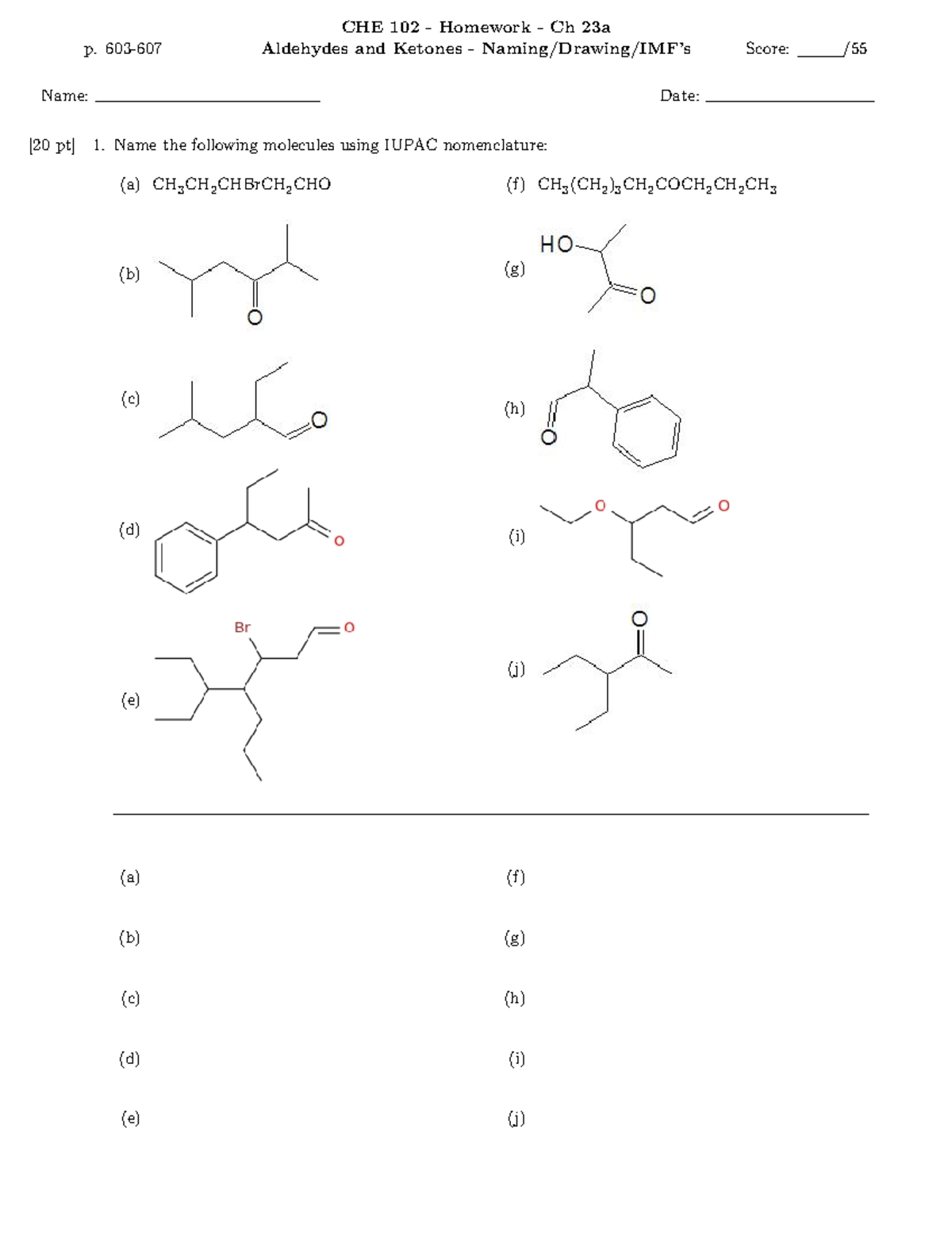 CHE102 Homework - Name:p. 603-607 Aldehydes and Ketones - Naming ...