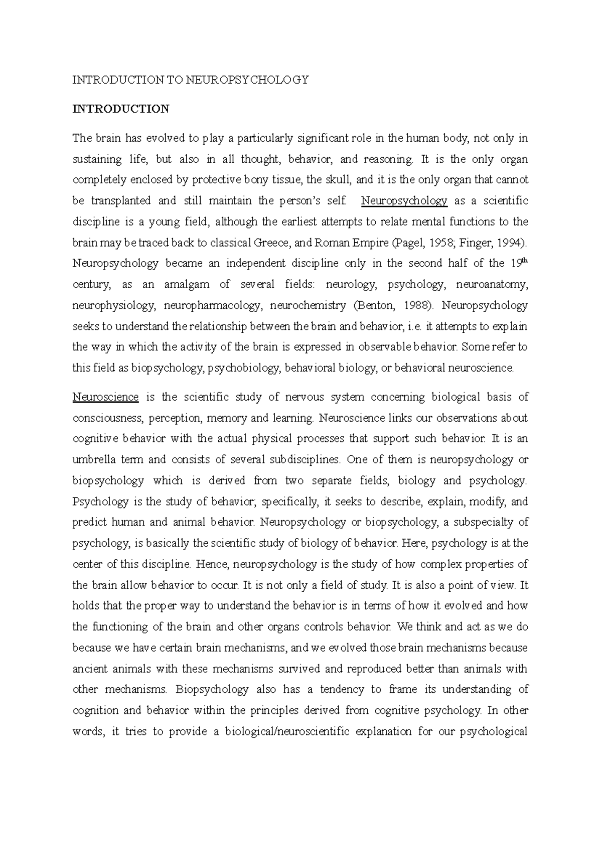 Introduction TO Neuropsychology - INTRODUCTION TO NEUROPSYCHOLOGY ...