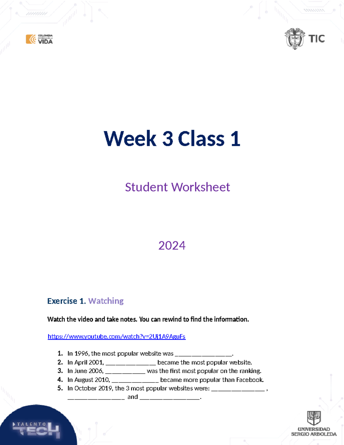 English CODE W3 C1 Student Worksheet - Week 3 Class 1 Student Worksheet 2024 Exercise 1 ...