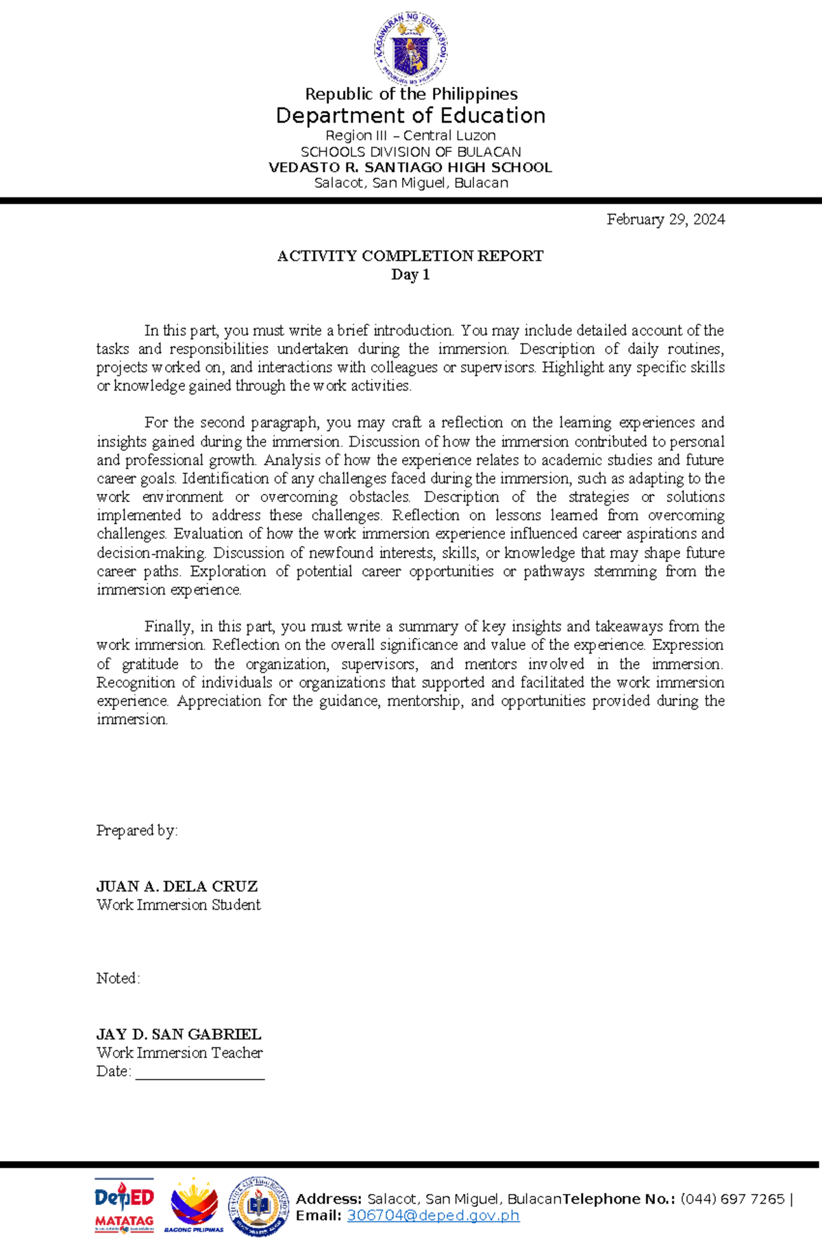 Activity Completion Report Template - Address: Salacot, San Miguel ...