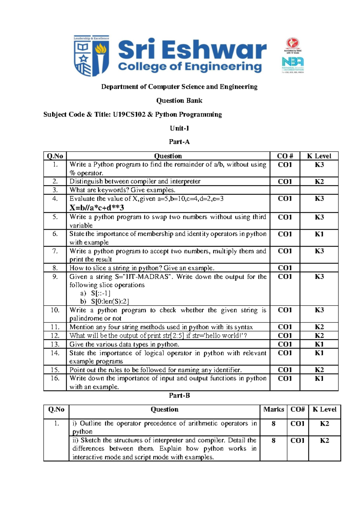 Question Bank Python Nil Department Of Computer Science And Engineering Question Bank