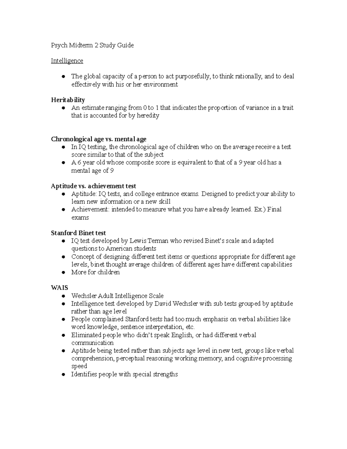 Psych Midterm 2 Study Guide - Psych Midterm 2 Study Guide Intelligence The global capacity of a ...