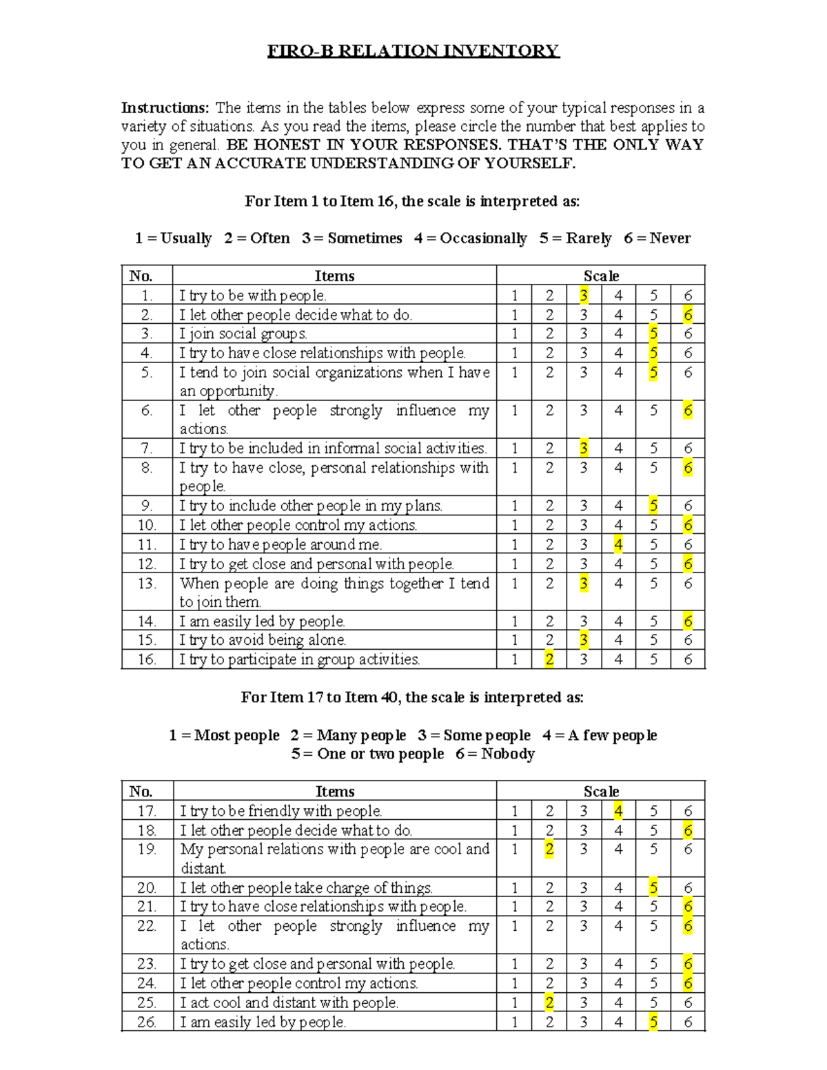FIRO-B Inventory - Notes - FIRO-B RELATION INVENTORY Instructions: The ...