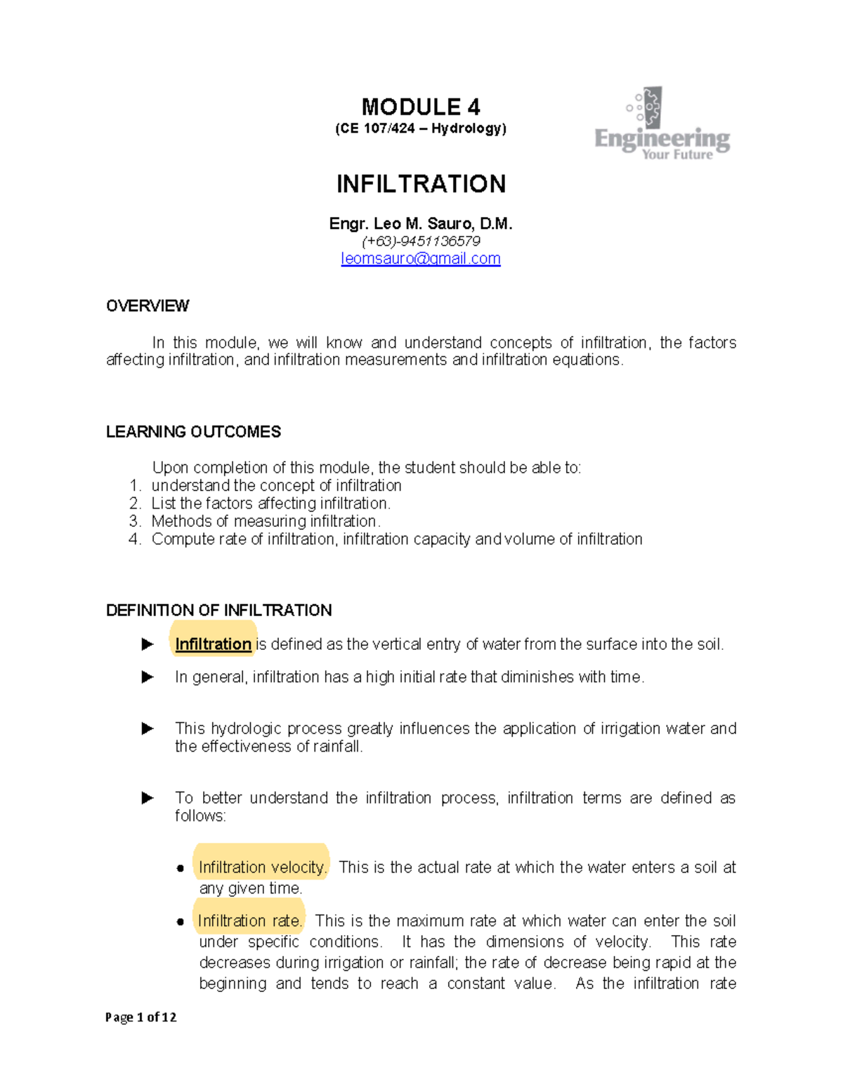 Module 4 - Hydrology - by Engr. Leo M. Sauro, D.M. - MODULE 4 (CE 107/424 – Hydrology ...