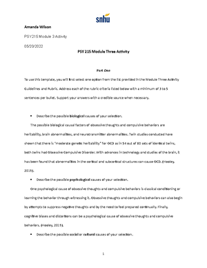 PSY 215 Module Five Milestone - Amanda Wilson PSY215 Module 5 Milestone 06/03/2022 PSY 215 ...