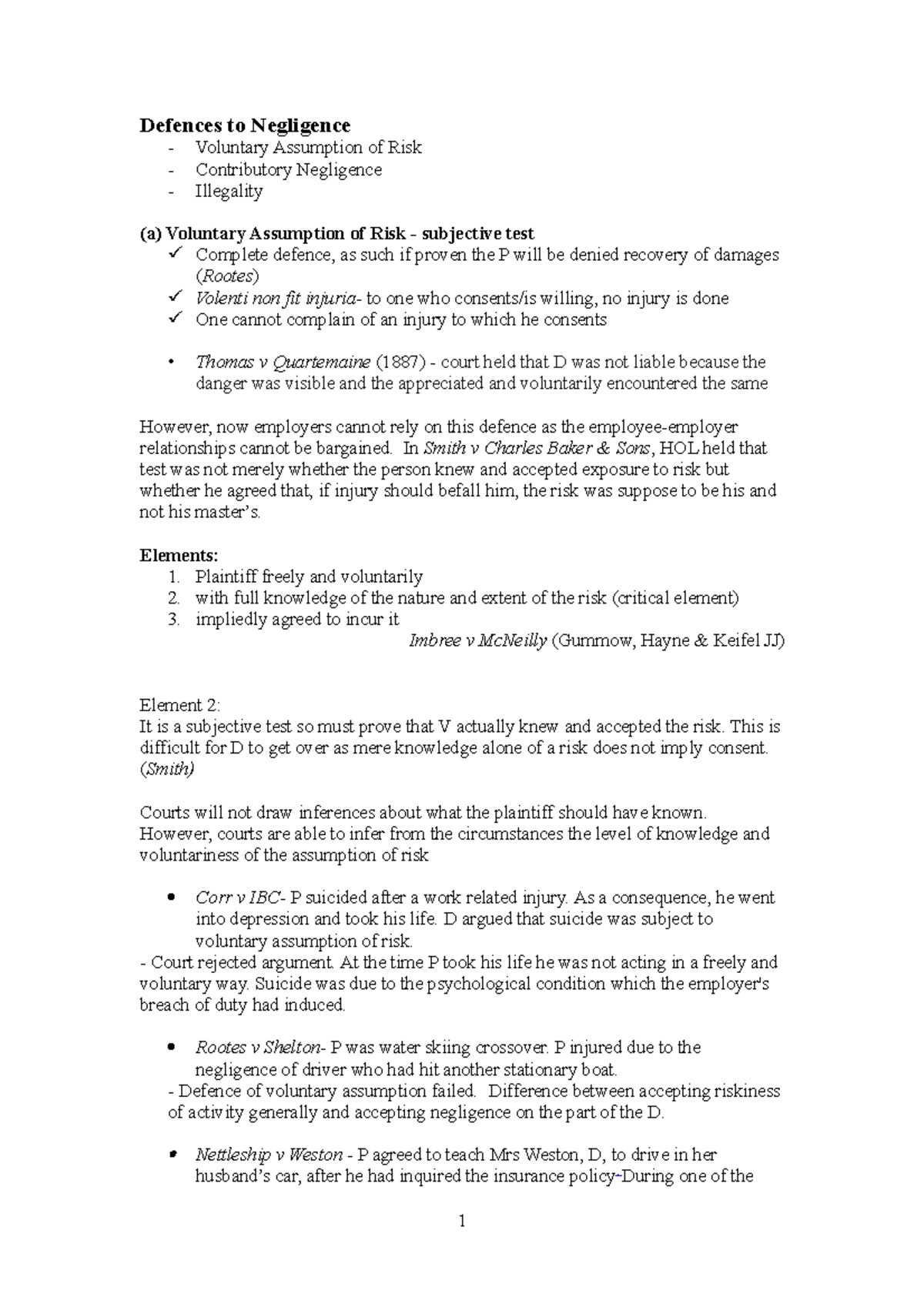 Defences to Negligence - Defences to Negligence Voluntary Assumption of ...