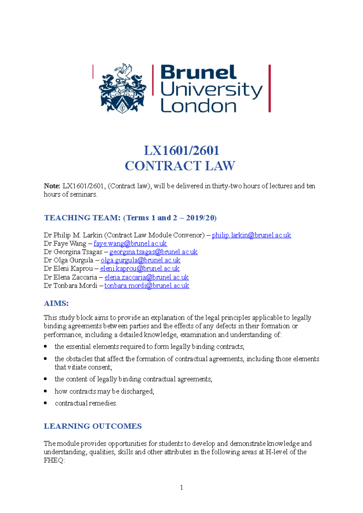 Contract Module Guide 2019-20 - LX1601/ CONTRACT LAW Note: LX1601/2601 ...