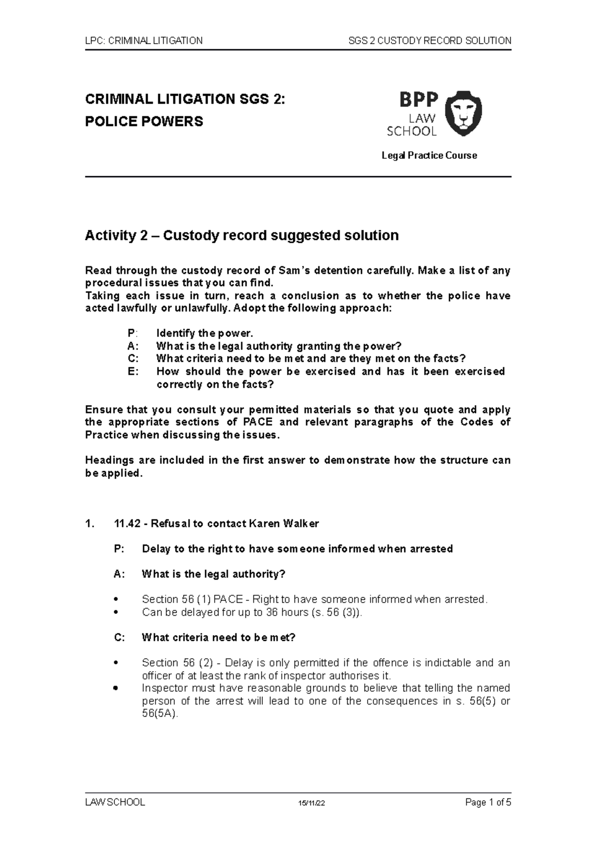 Custody Model Answers - LPC: CRIMINAL LITIGATION SGS 2 CUSTODY RECORD ...