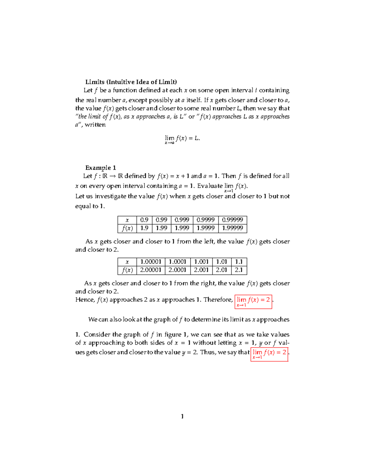 Limits Lecture Notes 2 Limits Intuitive Idea Of Limit Letfbe A Function Defined At Eachxon