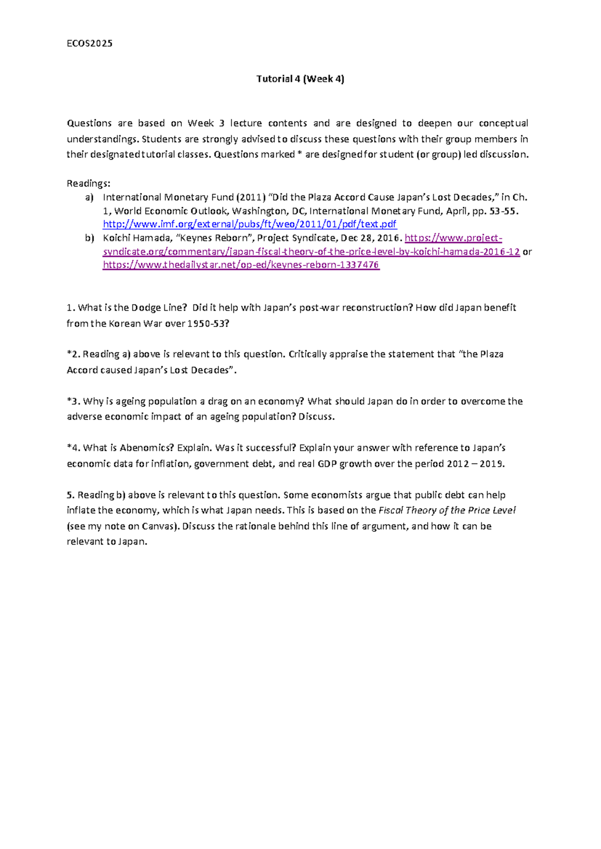 Tutorial 4 - sadfafafafaf - ECOS Tutorial 4 (Week 4) Questions are based on Week 3 lecture ...