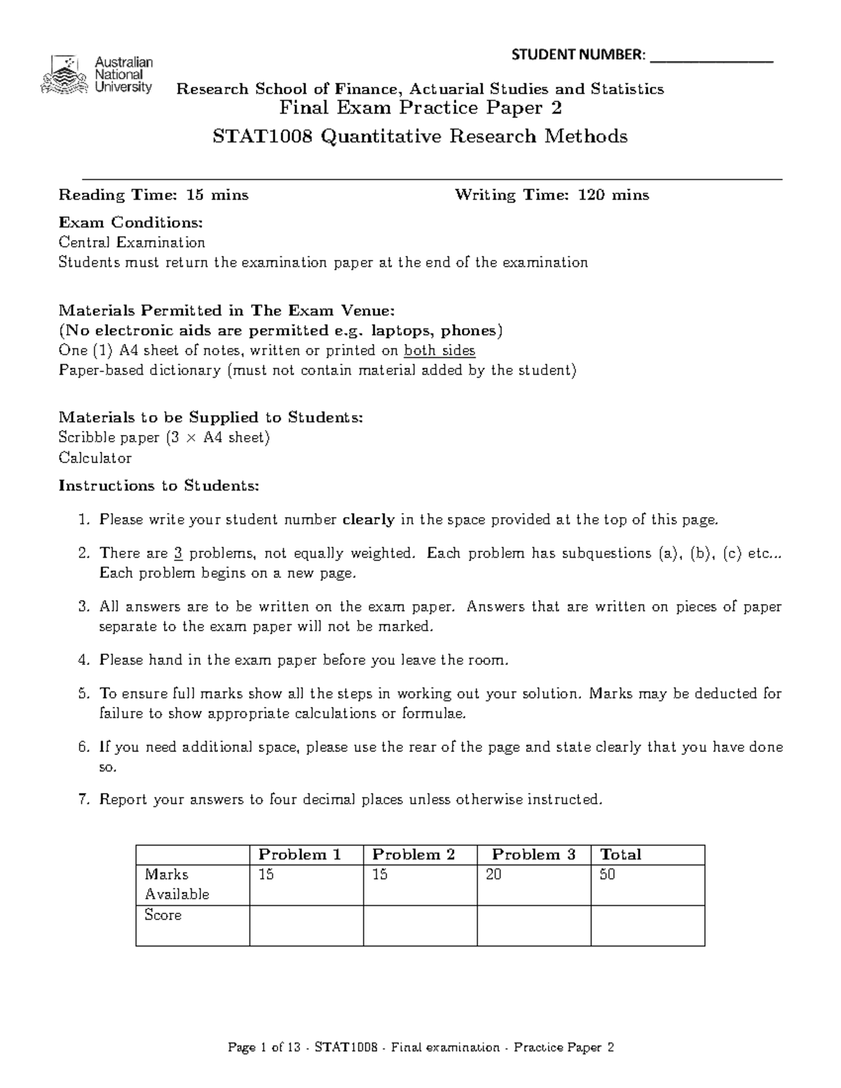 STAT1008 Final Exam Practice Paper 2 - Research School of Finance ...