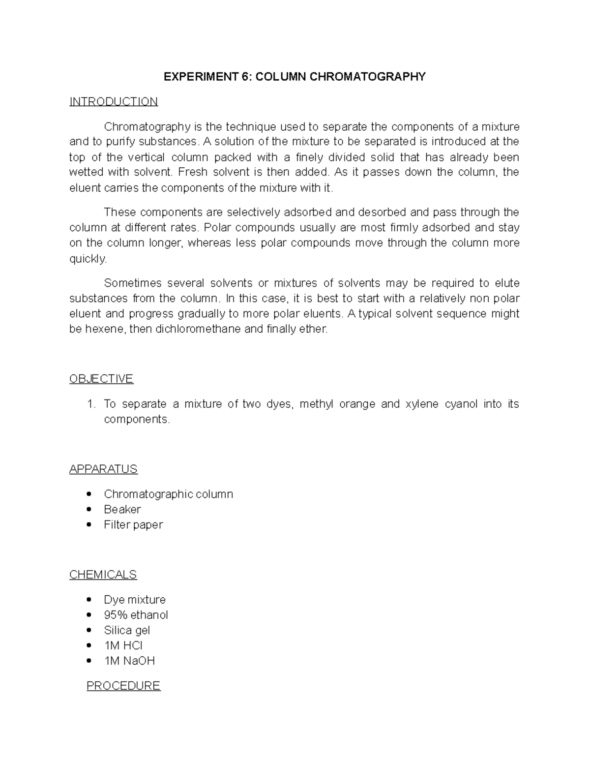 Experiment 6 - EXPERIMENT 6: COLUMN CHROMATOGRAPHY INTRODUCTION ...