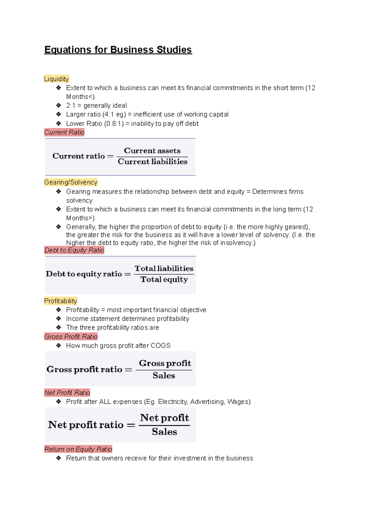 Business Equations - Equations for Business Studies Liquidity Extent to ...