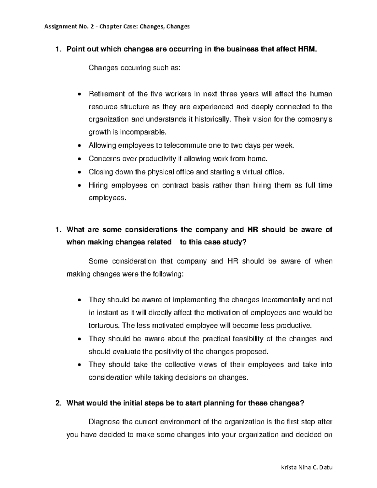 Changes changes - Assignment No. 2 - Chapter Case: Changes, Changes ...