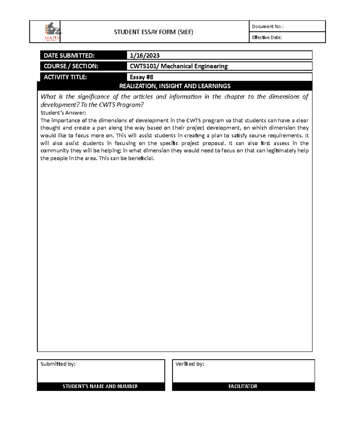 Form - CWTS101 Essay #8 - STUDENT ESSAY FORM (StEF) Document No ...