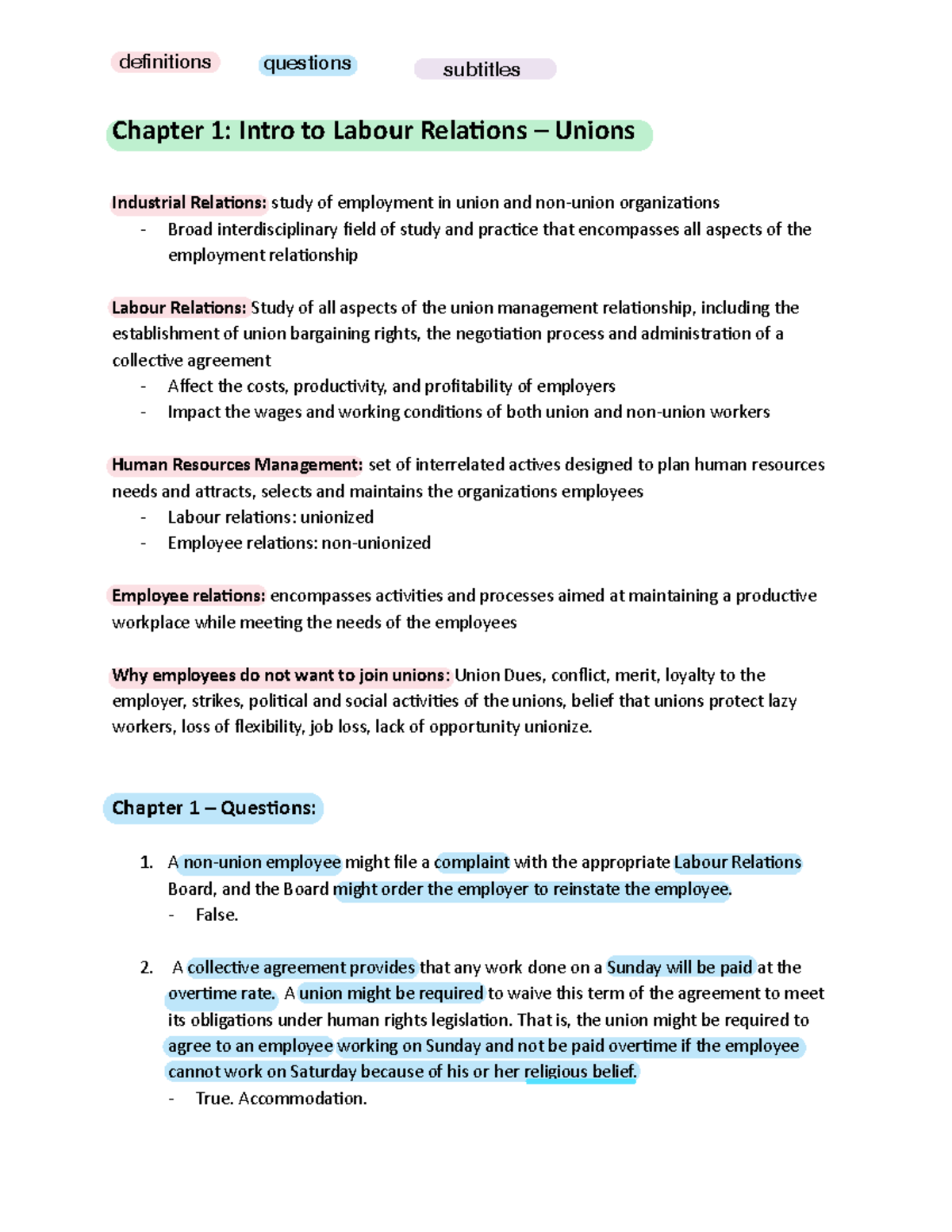 HRIR - Midterm 1 - Chapter 1 to 4 - Chapter 1: Intro to Labour ...