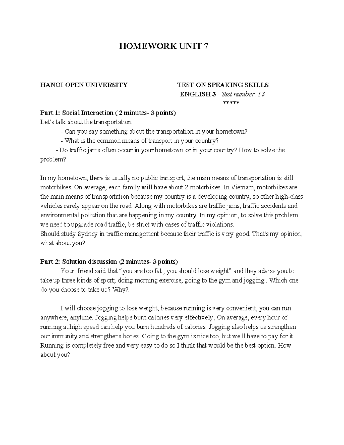 Homework UNIT 7 done - 12312314 - HOMEWORK UNIT 7 HANOI OPEN UNIVERSITY ...