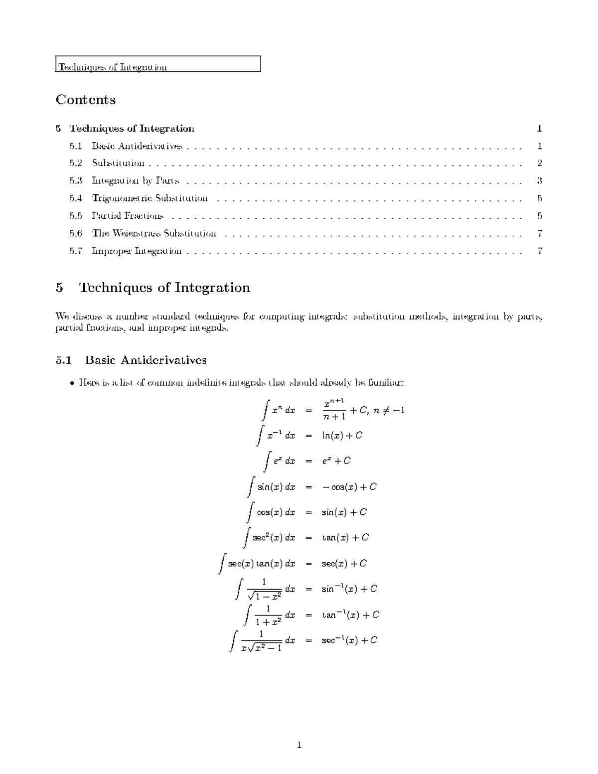 Lecture Notes On Integration - Techniques of Integration Contents 5 ...