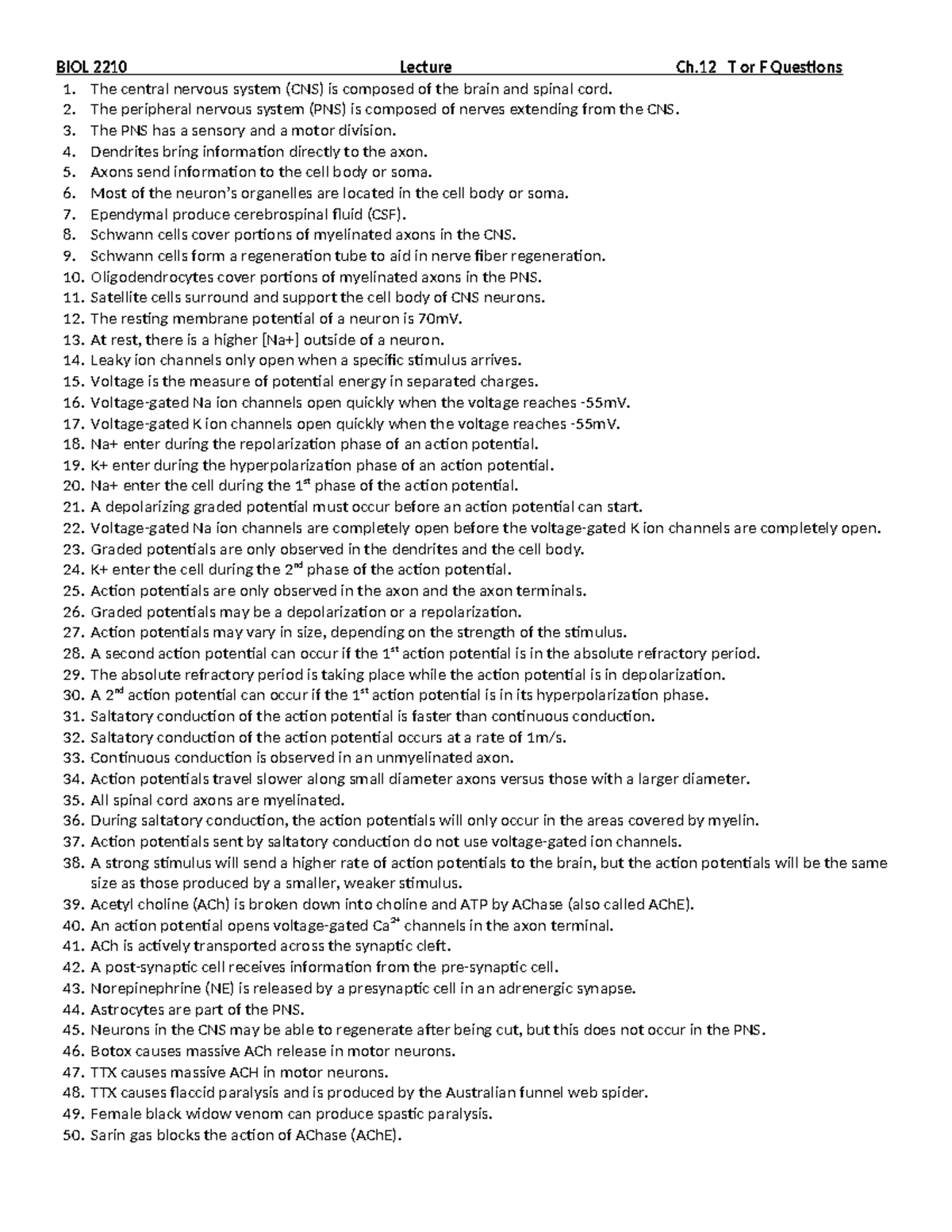 Ch.12 50 TF Questions - notes - BIOL 2210 Lecture Ch T or F Questions 1 ...
