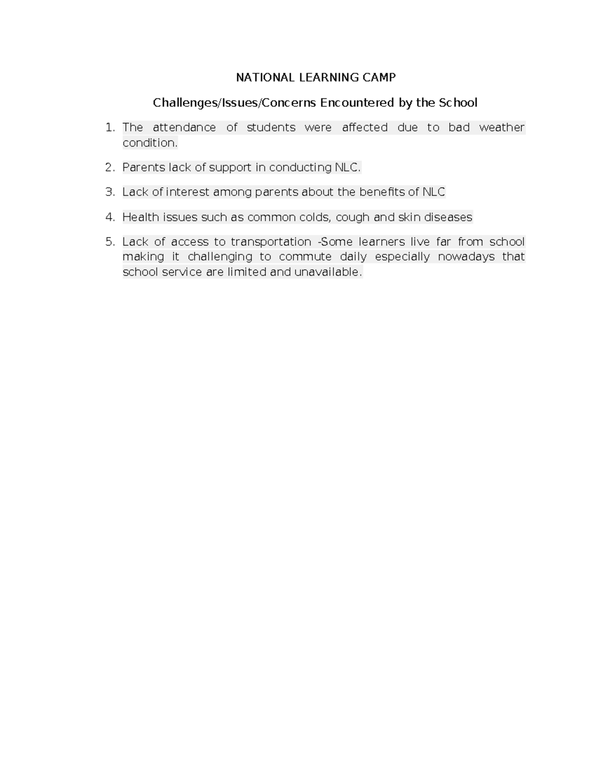 Issues and Concern in Implementing National Learning CAMP - NATIONAL ...