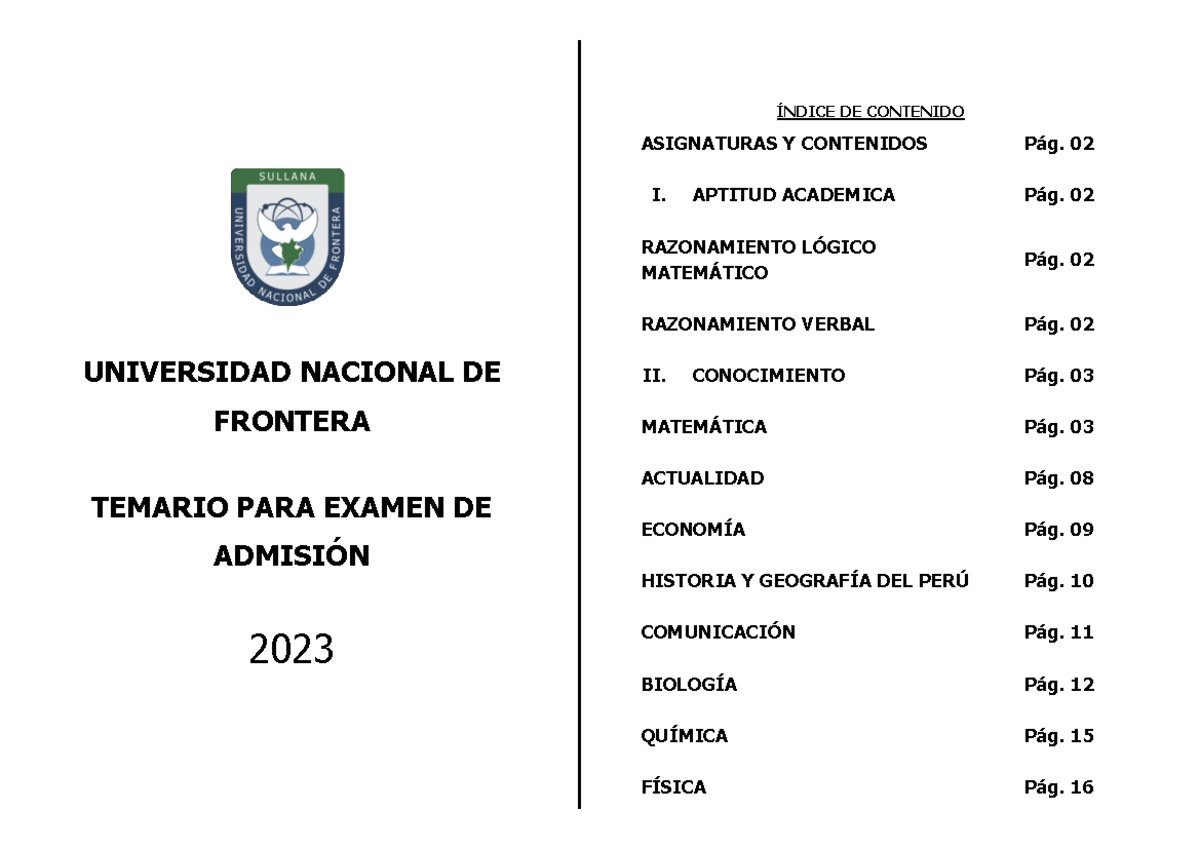 Temario Admision 2023 - estudien - UNIVERSIDAD NACIONAL DE FRONTERA TEMARIO PARA EXAMEN DE ...