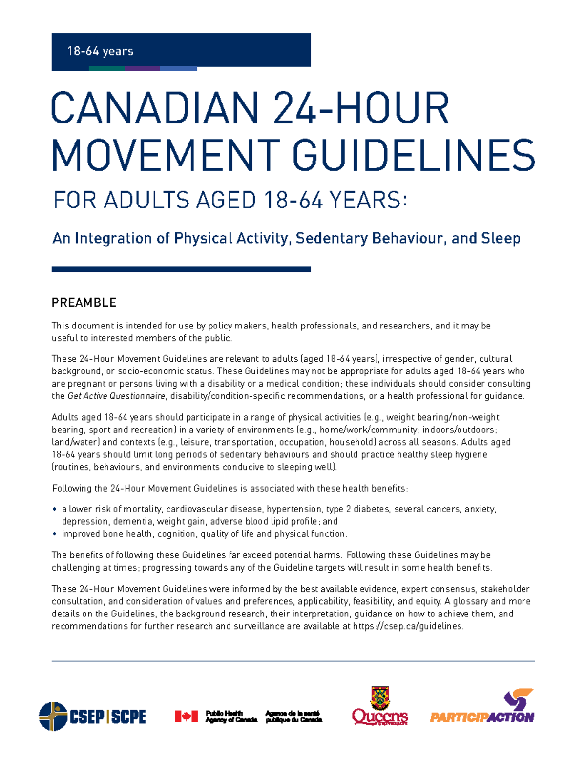 Exercise - 24HMovement Guidelines-Adults 18-64-ENG - FOR ADULTS AGED 18 ...