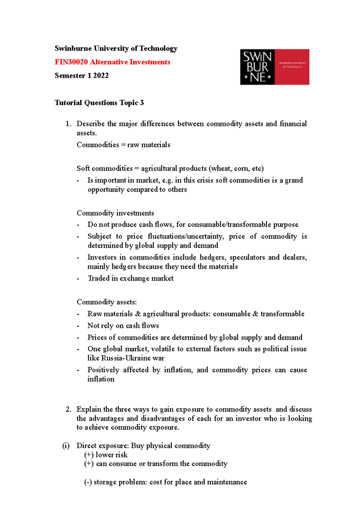 Tutorial 3 Questions S1 2022 - Swinburne University of Technology ...