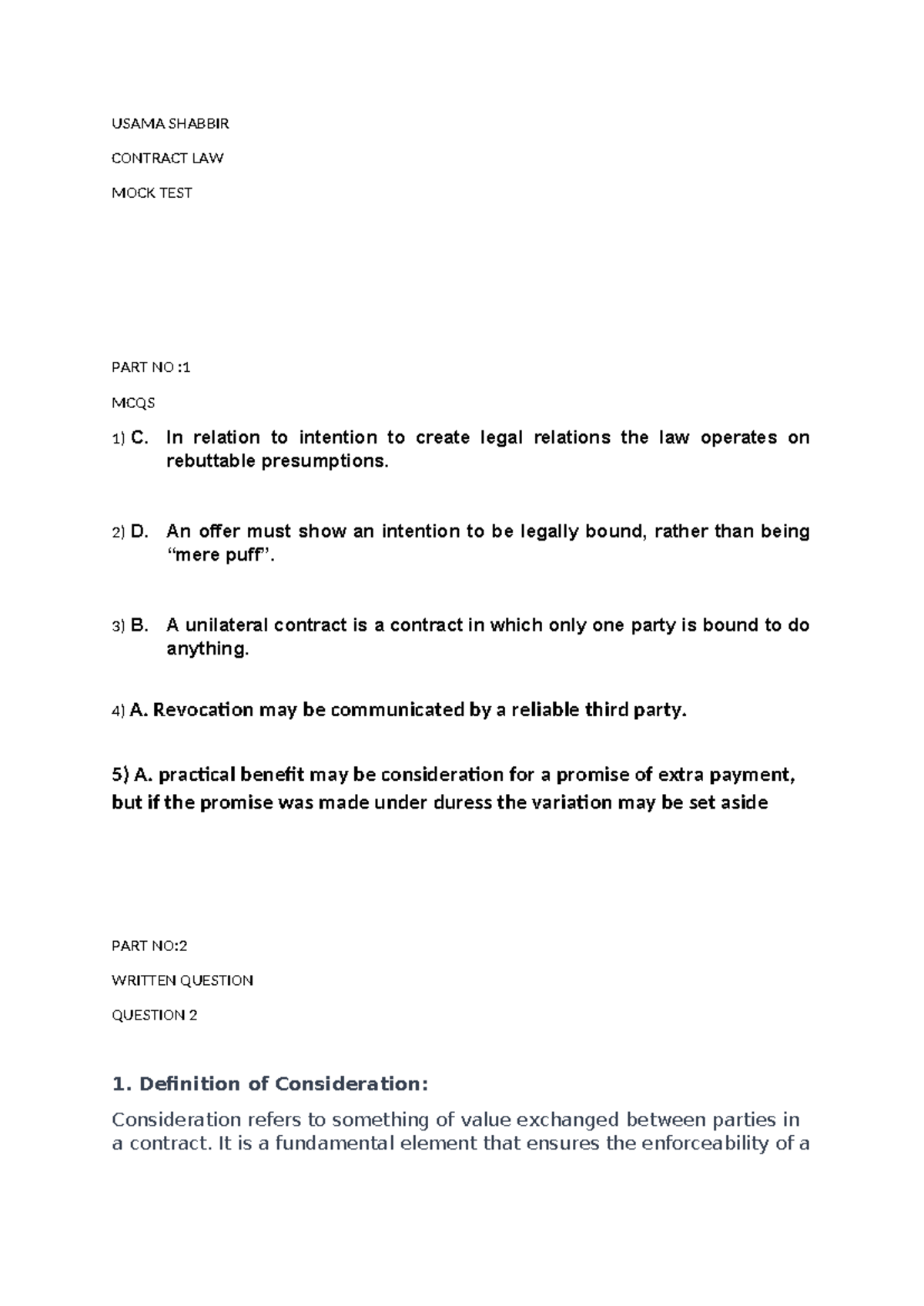 Contract mock july 2023 - USAMA SHABBIR CONTRACT LAW MOCK TEST PART NO ...