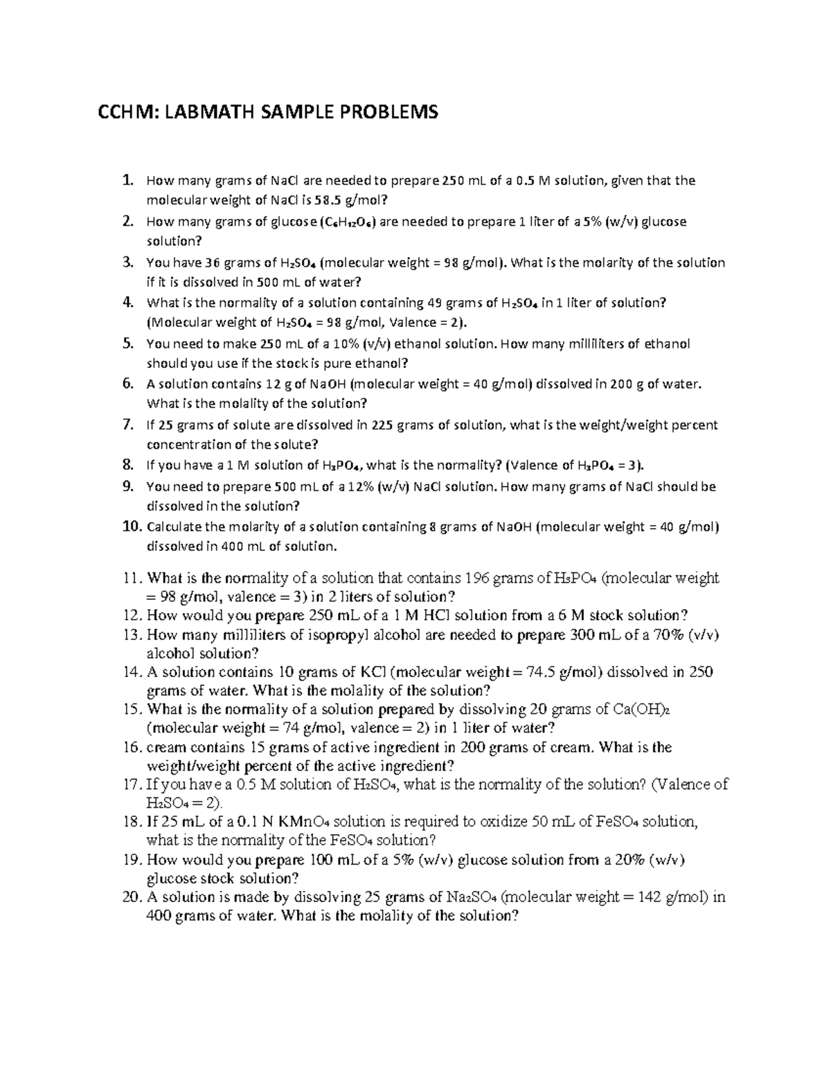 CCHM-sample-problems - CCHM: LABMATH SAMPLE PROBLEMS 1. How many grams ...
