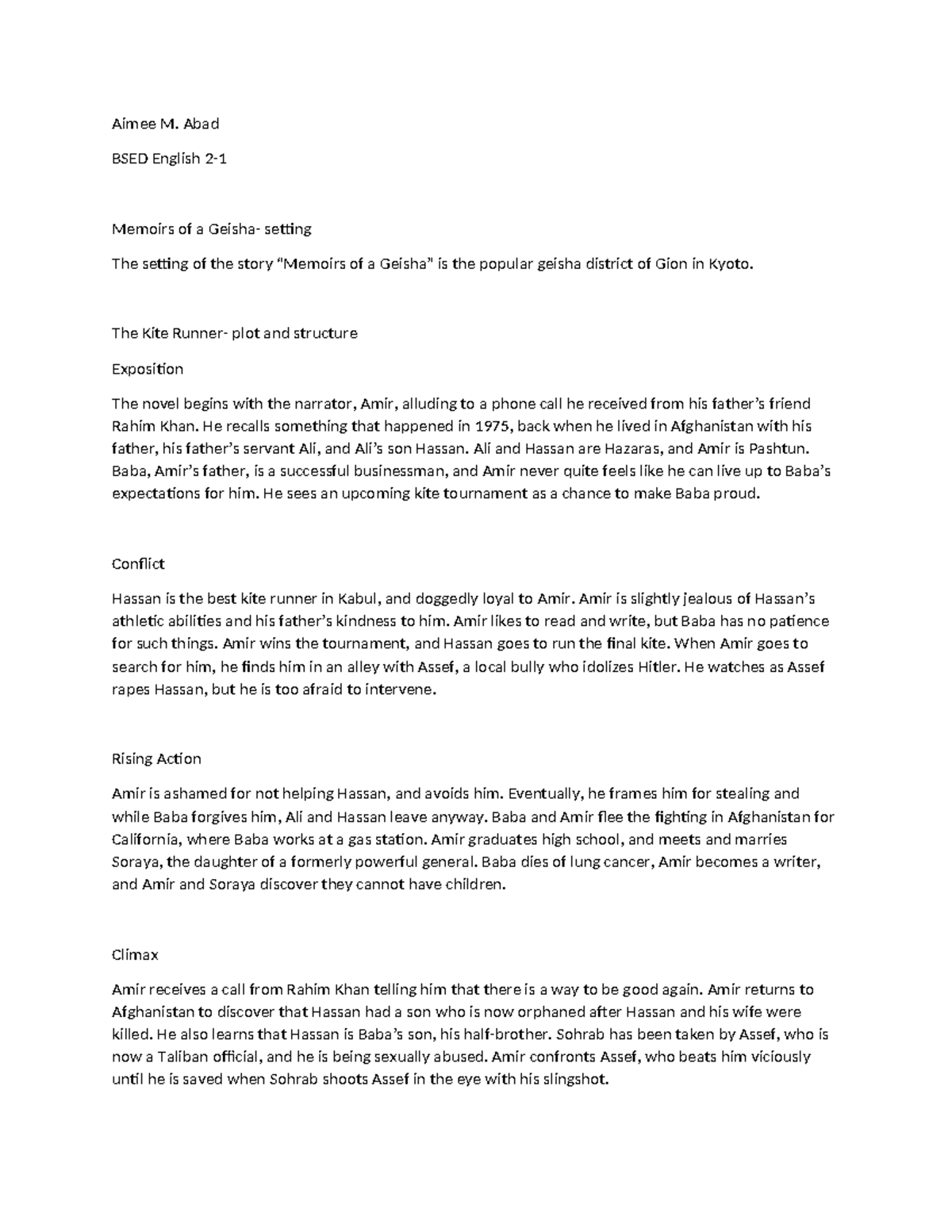 Story Analysis. Docs - Aimee M. Abad BSED English 2- Memoirs of a ...