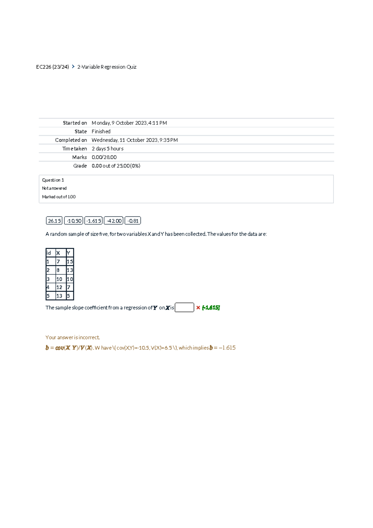 2-Variable Regression Quiz Attempt review - EC226 (23/24) 2-Variable Regression Quiz Started on ...