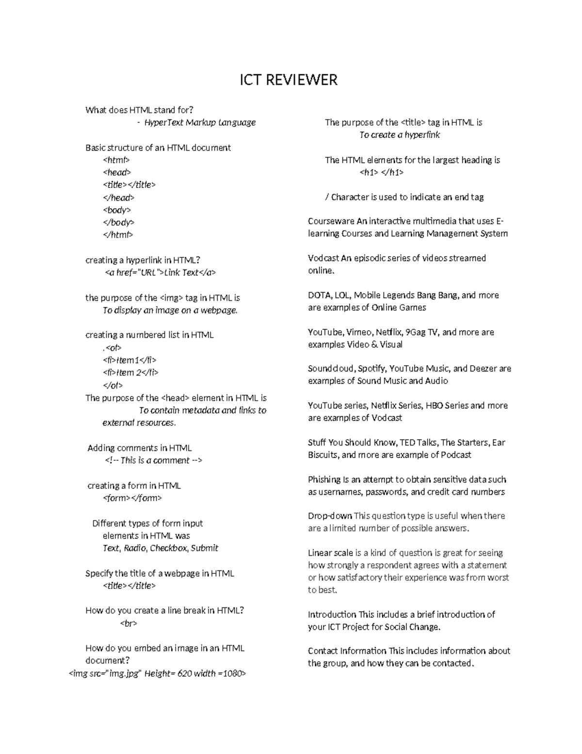 ICT- Reviewer - Summary Stem - ICT REVIEWER What does HTML stand for ...