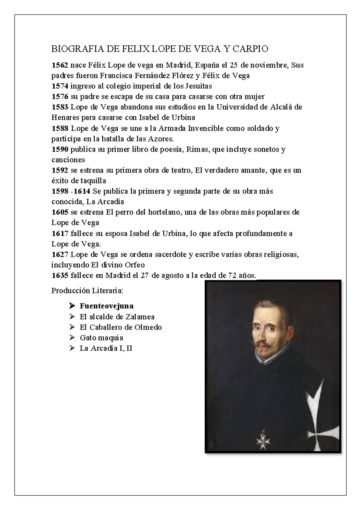 Biografia DE Felix LOPE DE VEGA Y Carpio - BIOGRAFIA DE FELIX LOPE DE ...