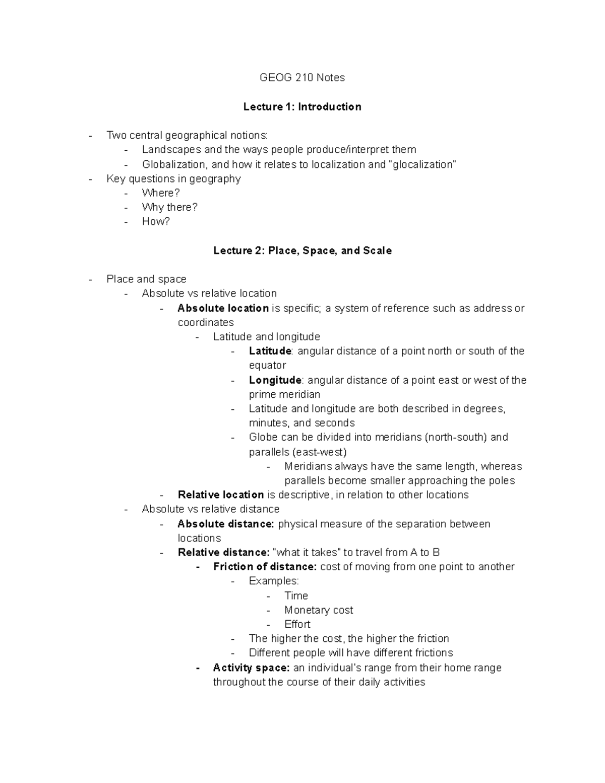 GEOG 210 Notes - GEOG 210 McGill - GEOG 210 Notes Lecture 1 ...