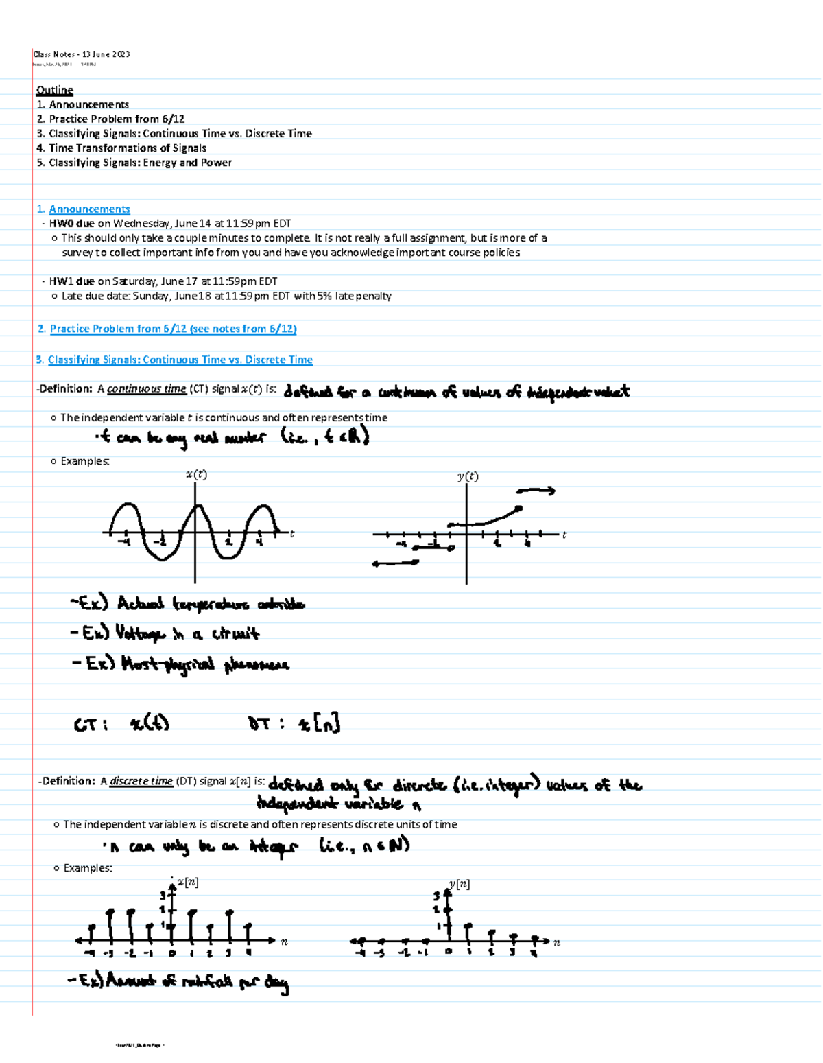 13Jun2023 Full - Outline Announcements Practice Problem from 6/ Classifying Signals: Continuous ...