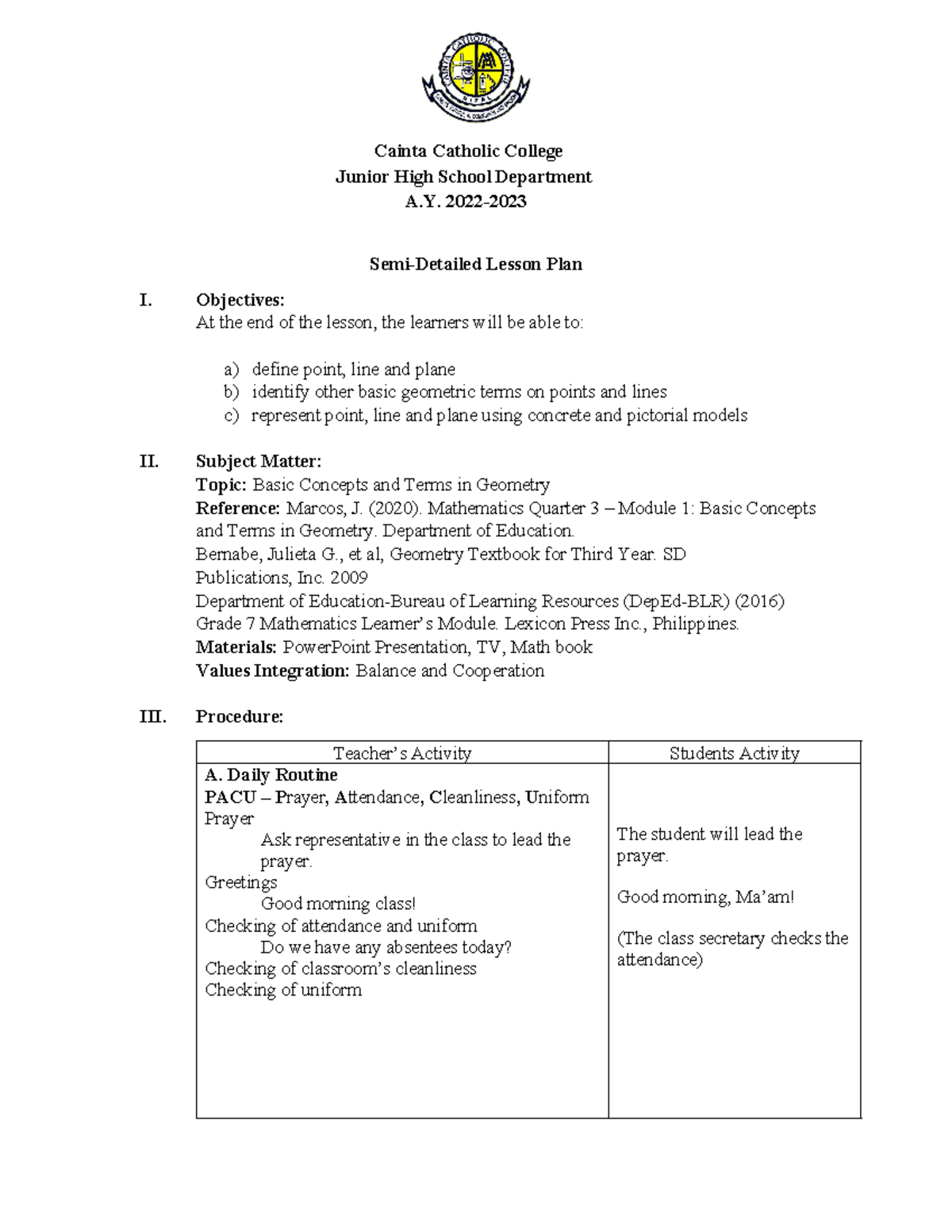 4a lesson plan - yryetwtw - Cainta Catholic College Junior High School ...