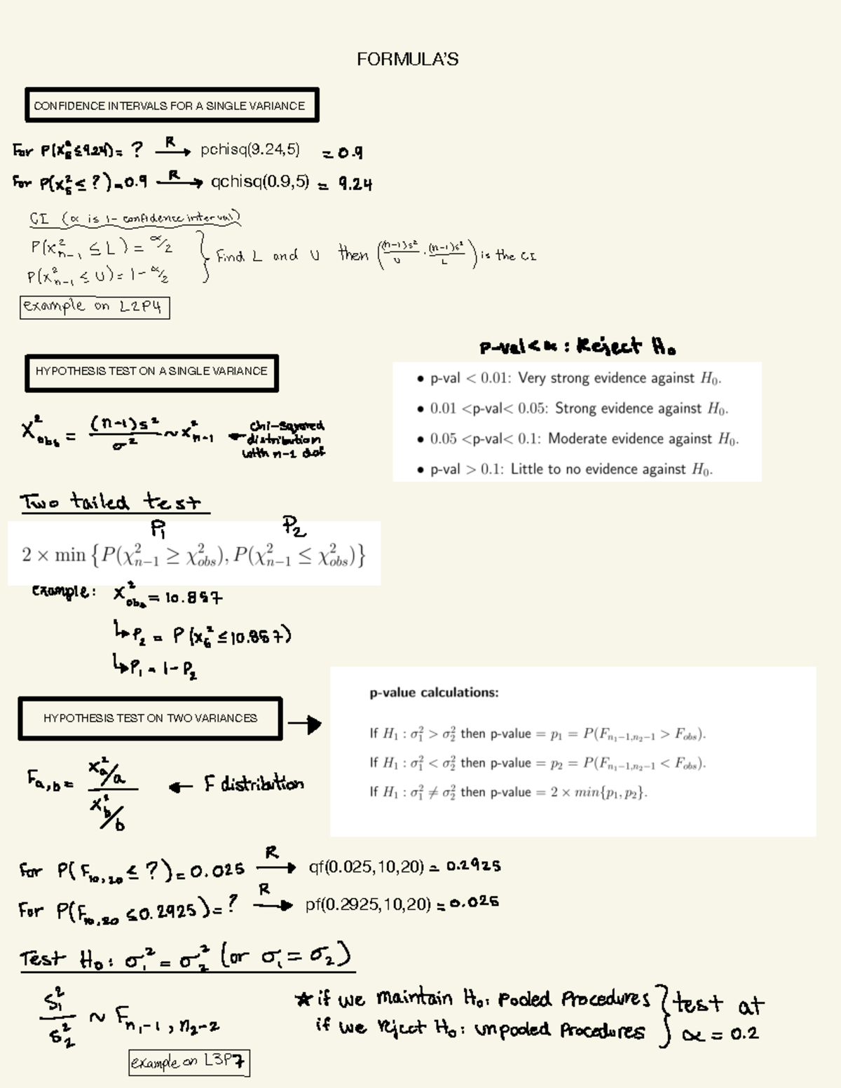 Formulas - notes - FORMULA’S CONFIDENCE INTERVALS FOR A SINGLE VARIANCE ...
