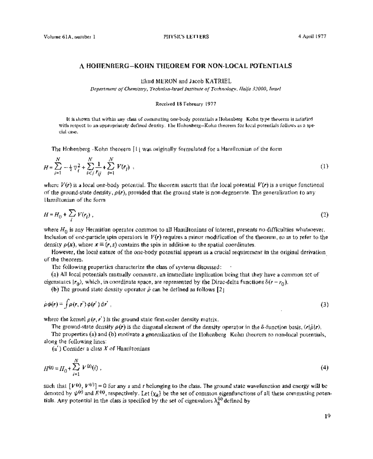 A Hohenberg Kohn theorem for non local p - Volume 61A, number 1 PHYSICS LETTERS 4 Apr11 1977 A ...