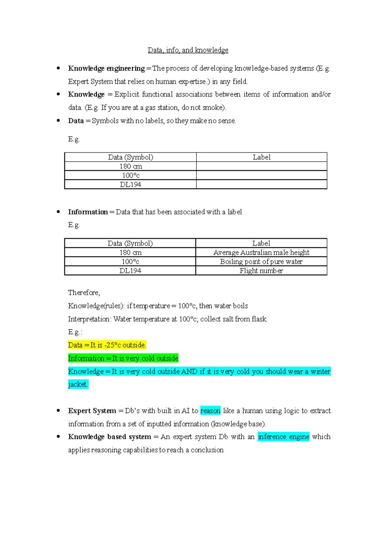 Week 1 Intro to knowledge engineering and systems - Data, info, and ...