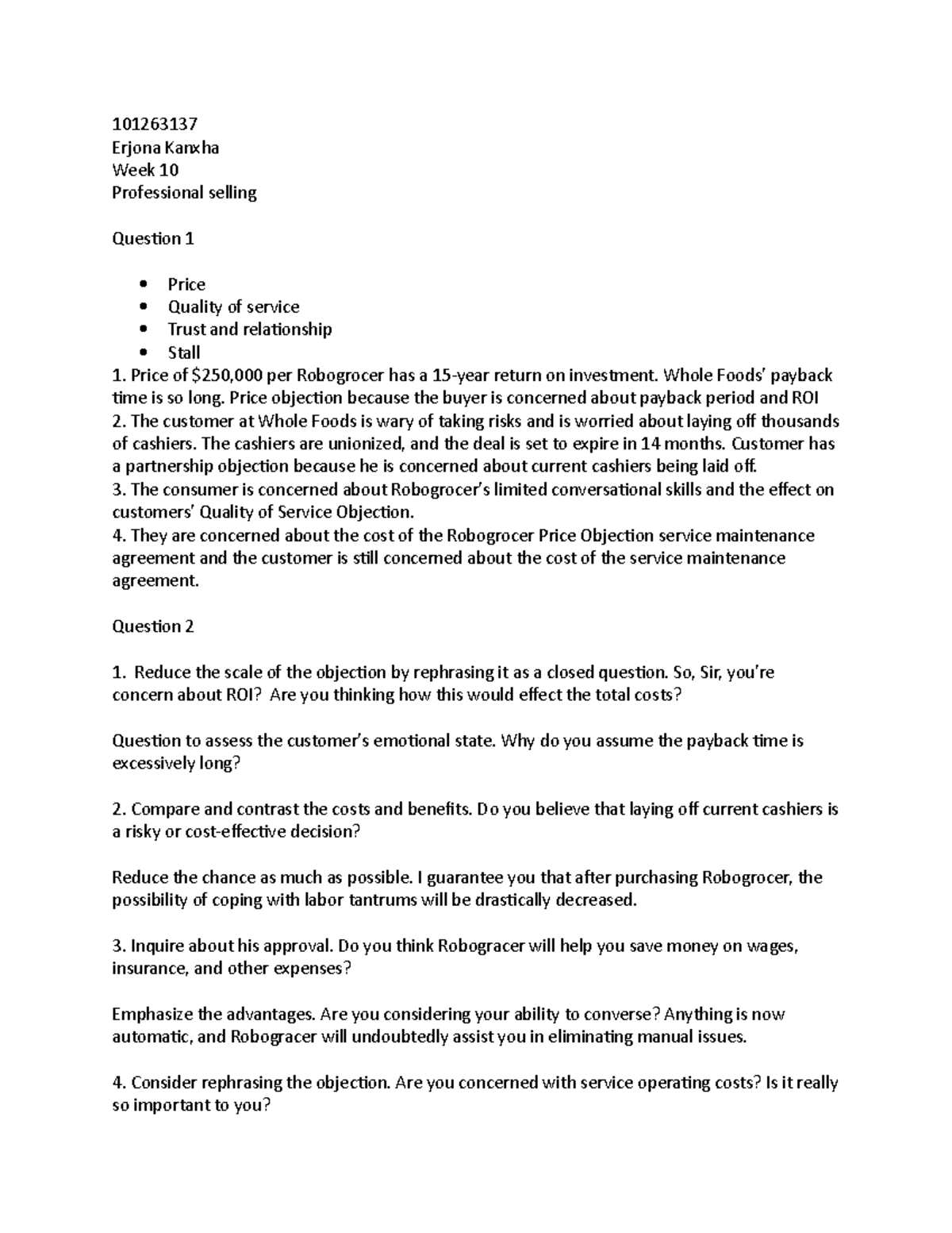 Objection Handling Assignment 1 - 101263137 Erjona Kanxha Week 10 ...