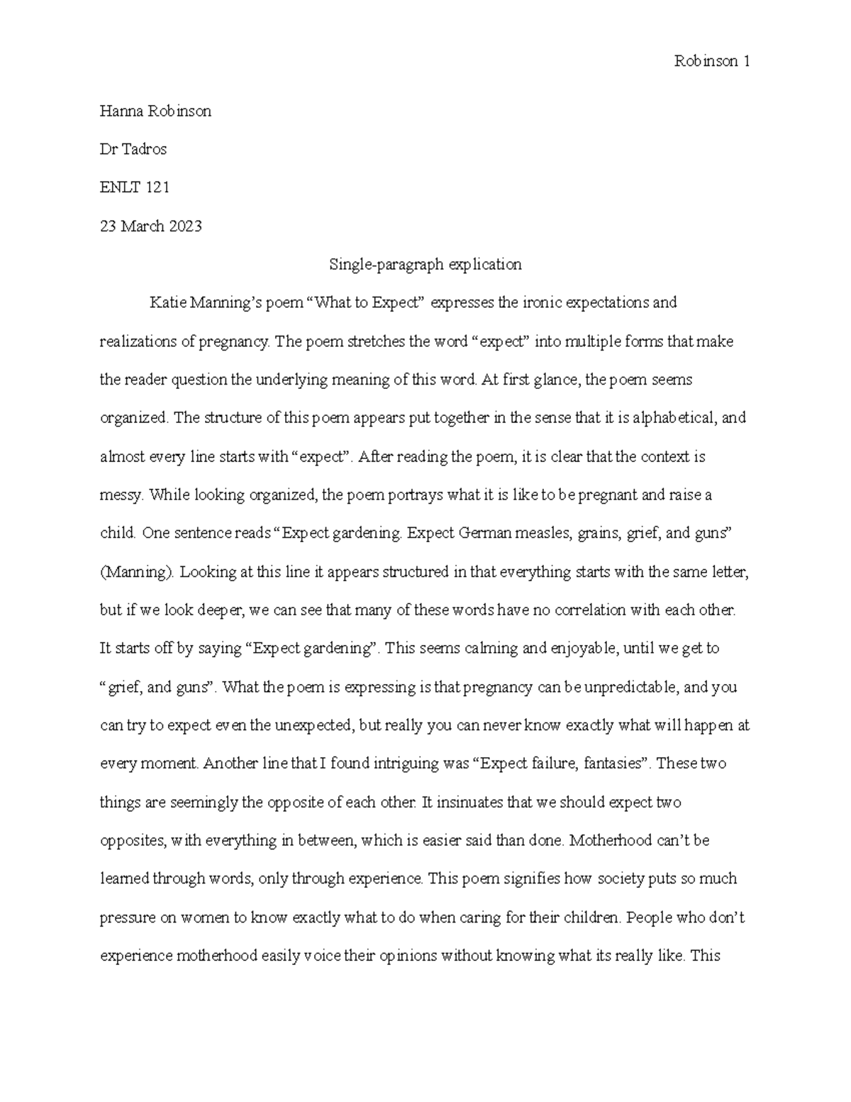 Single paragraph explication #1 - Robinson 1 Hanna Robinson Dr Tadros ...