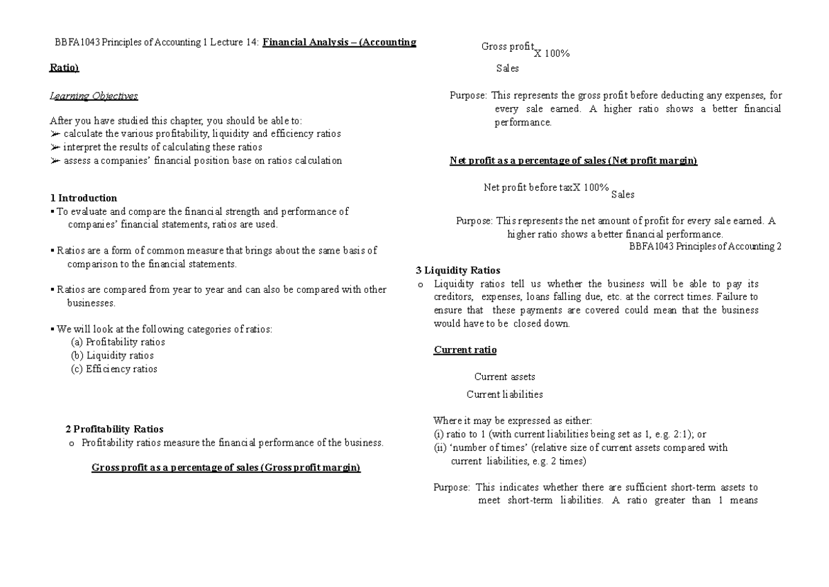 Principles of Accounting Notes - Financial Analysis - Week 14 ...