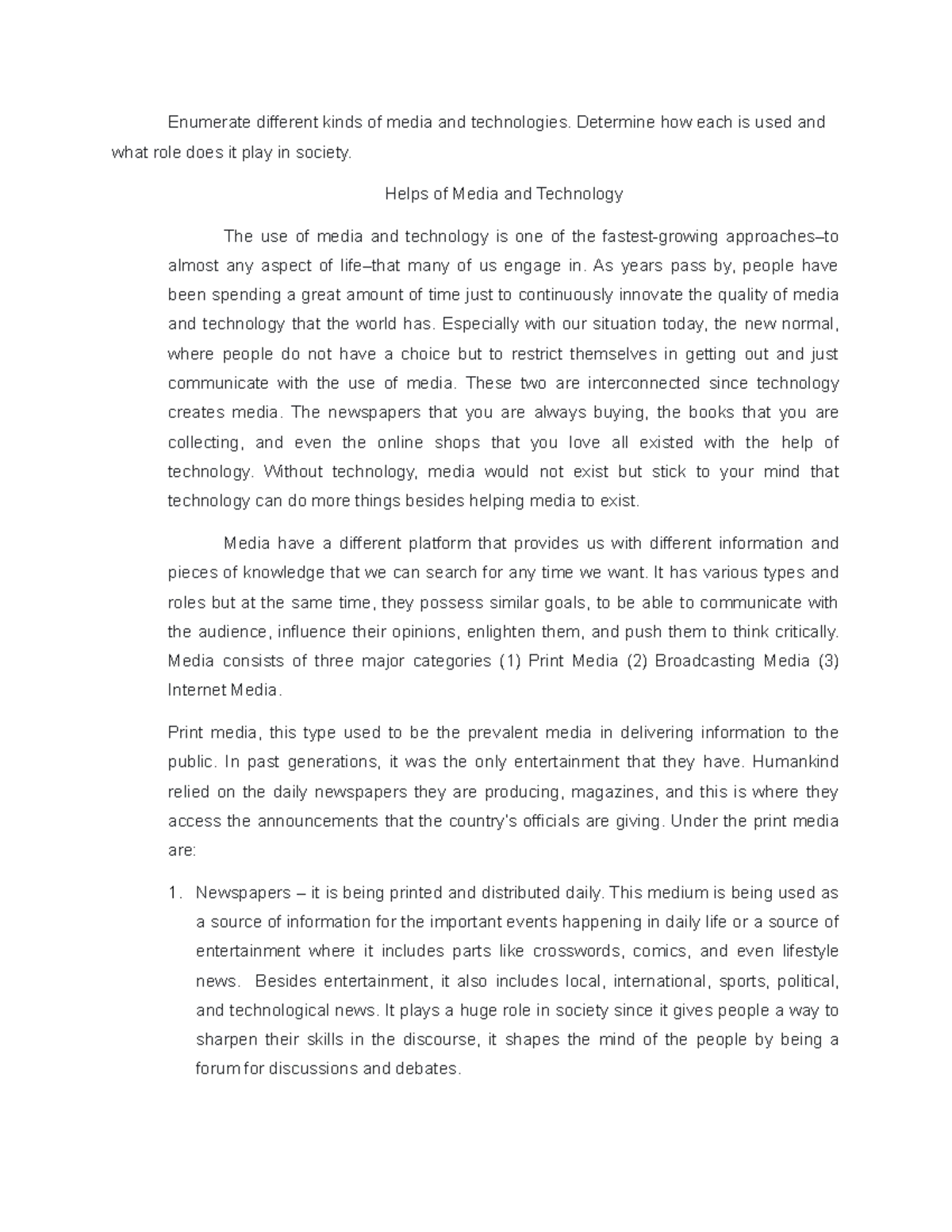DIFF. Kinds OF Media AND Technologies AND ITS USES TO Society (MIL ...