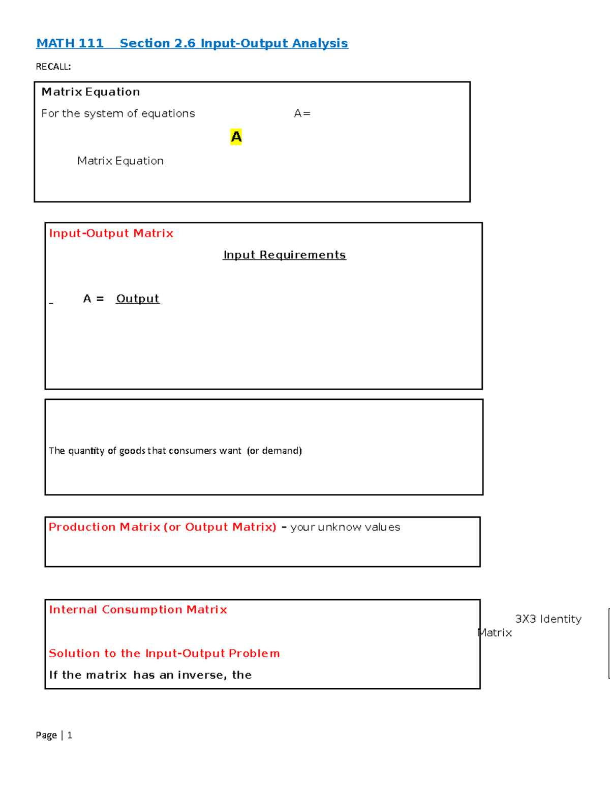 26 Input Output Analysis Math 111 Section 2 Input Output Analysis Recall Matrix Equation For 