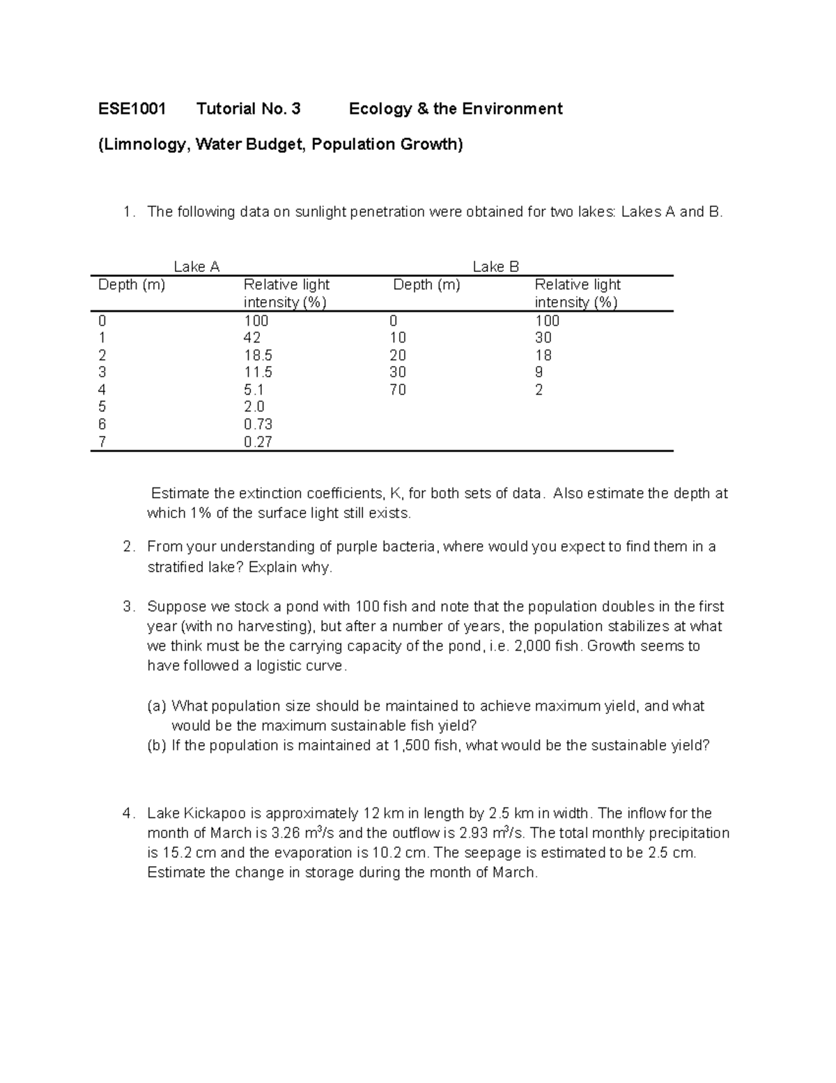 ESE1001 Tutorial No 3 2014 - ESE1001 Tutorial No. 3 Ecology & the ...