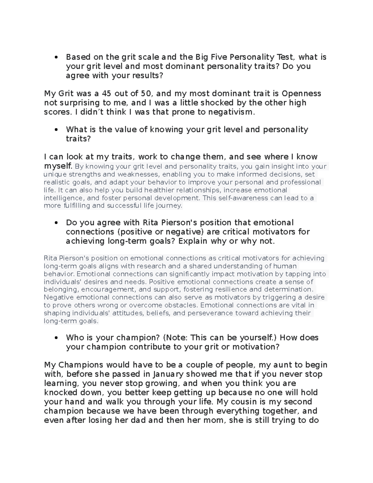 PSY 101 week5 - Working with a grit scale - Based on the grit scale and ...