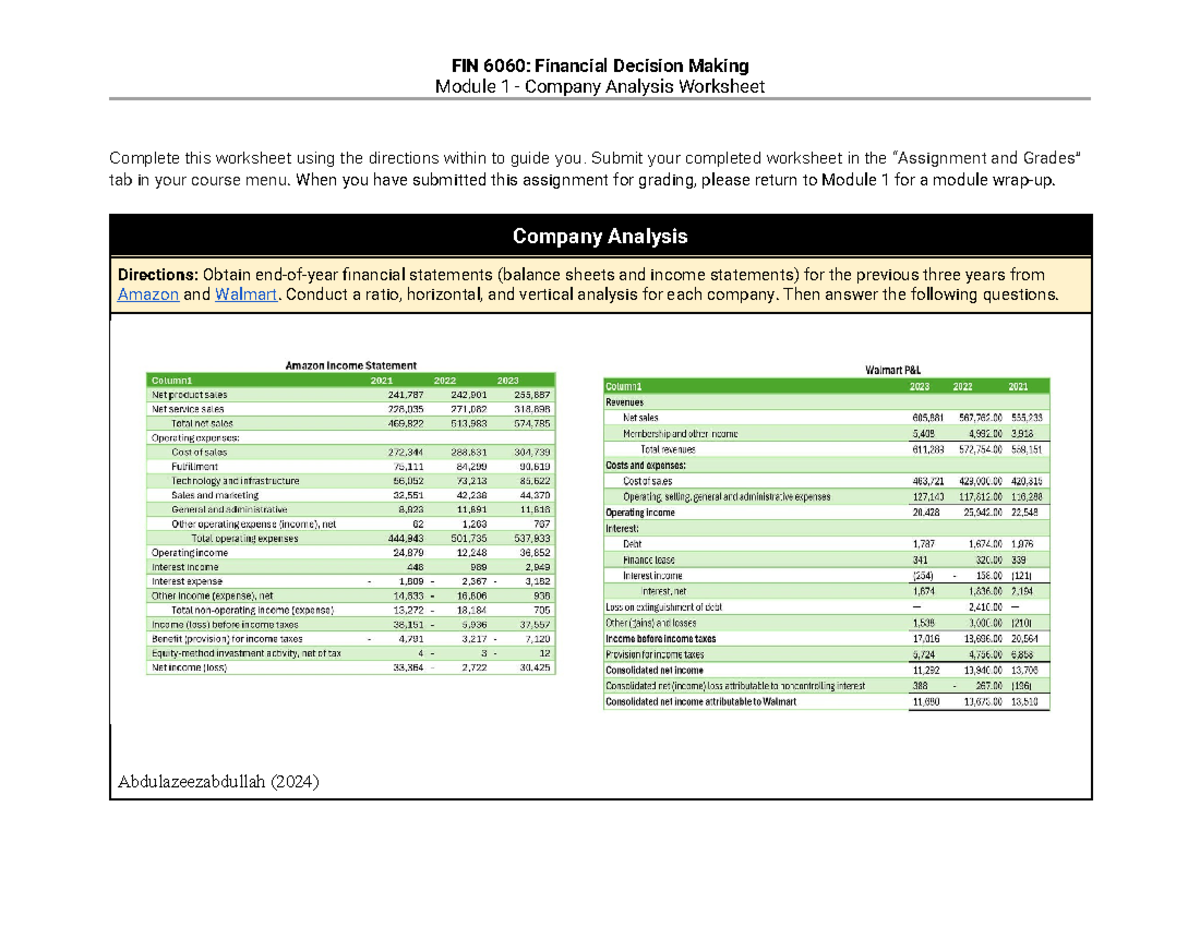 FIN 6060 Module 1 Worksheet YAJ 2024 - Module 1 - Company Analysis ...